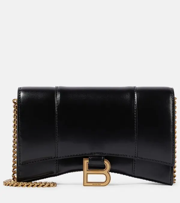 Balenciaga Hourglass Leather Wallet On Chain - Black