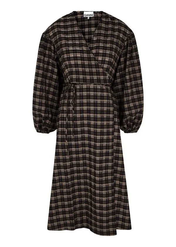 knee length dresses for ladies Seersucker Check Gathered U-Neck Midi Dress in Lagoon
