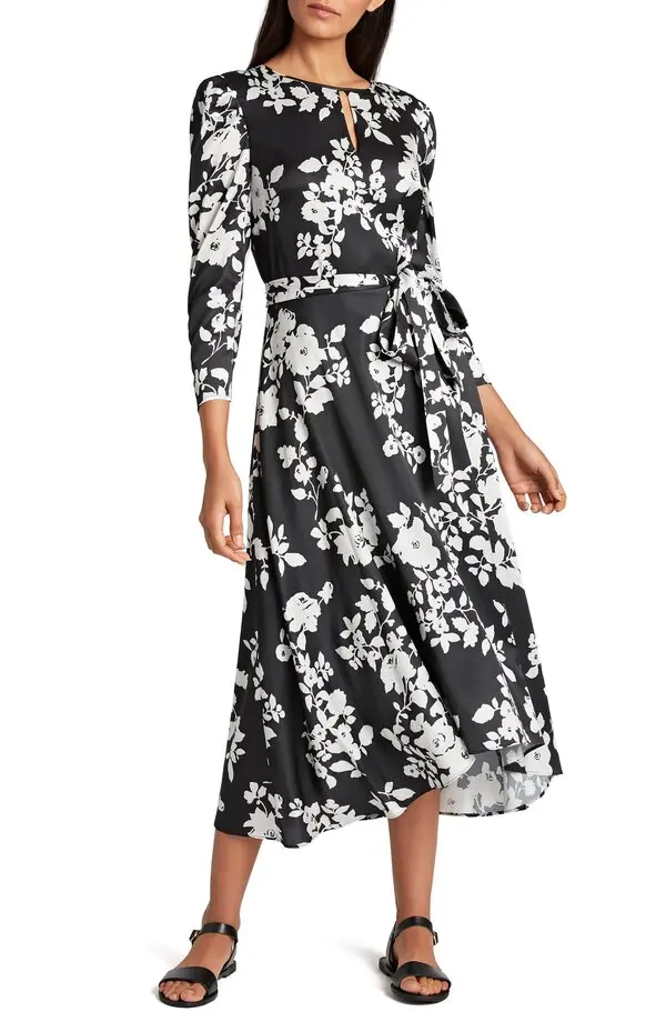Tahari Floral Hammered Satin Midi Dress