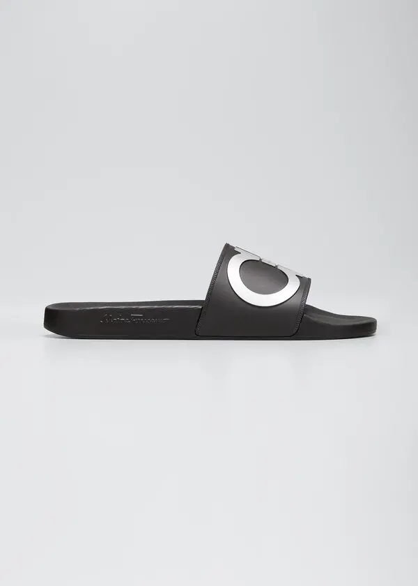 Ferragamo Groove 2 Gancini Pool Slide Sandals In Nero-Silver  display picture 3