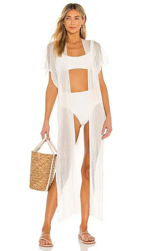 Luli Fama Fringe Caftan In White - Off White