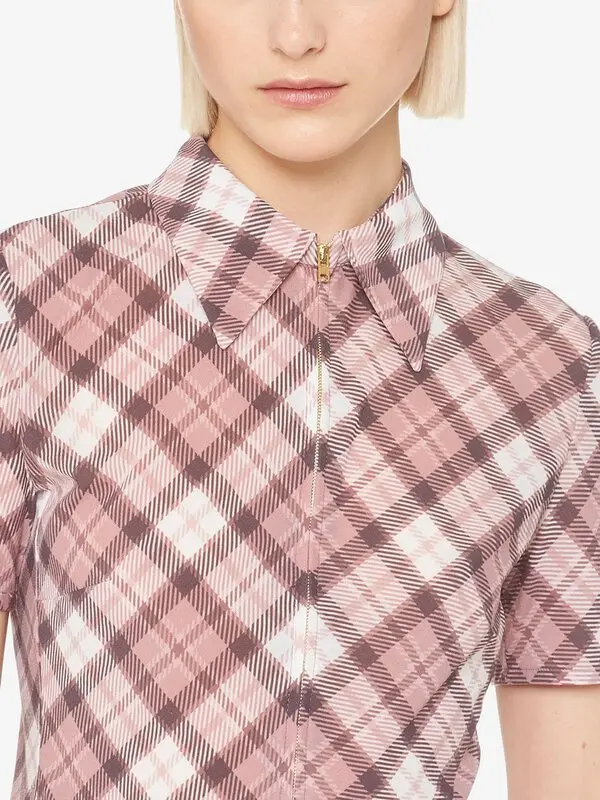 Miu Miu Check Print Zip-Up Shirt - Pink | Editorialist
