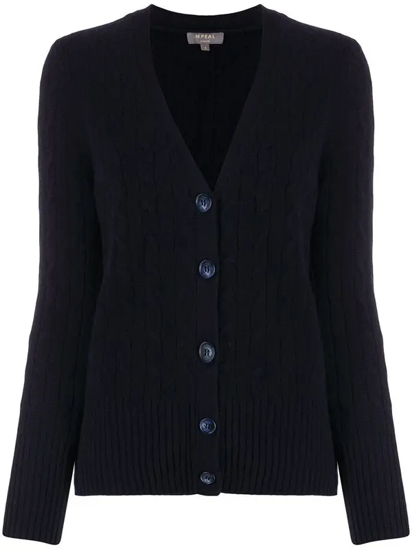 N.peal V-neck Cable Knit Cardigan - Blue