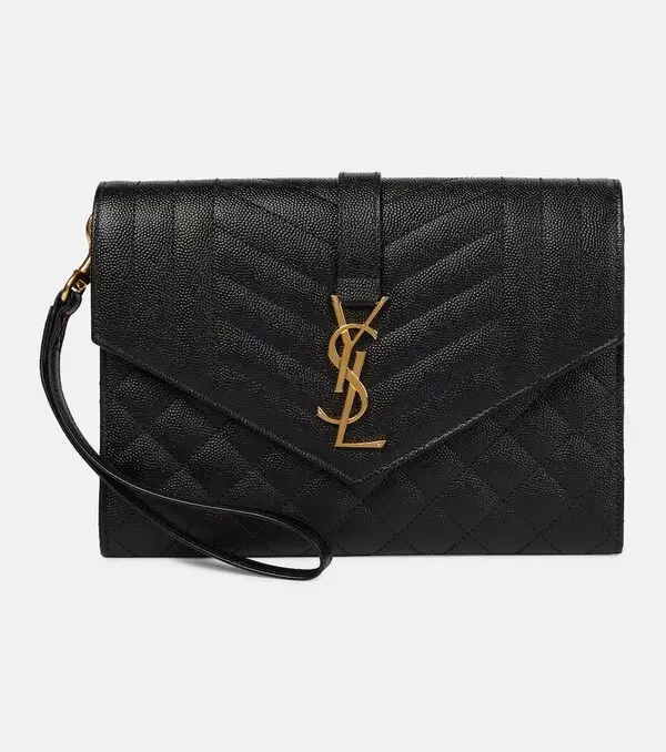 Saint Laurent Envelope Matelassé Leather Clutch - Black