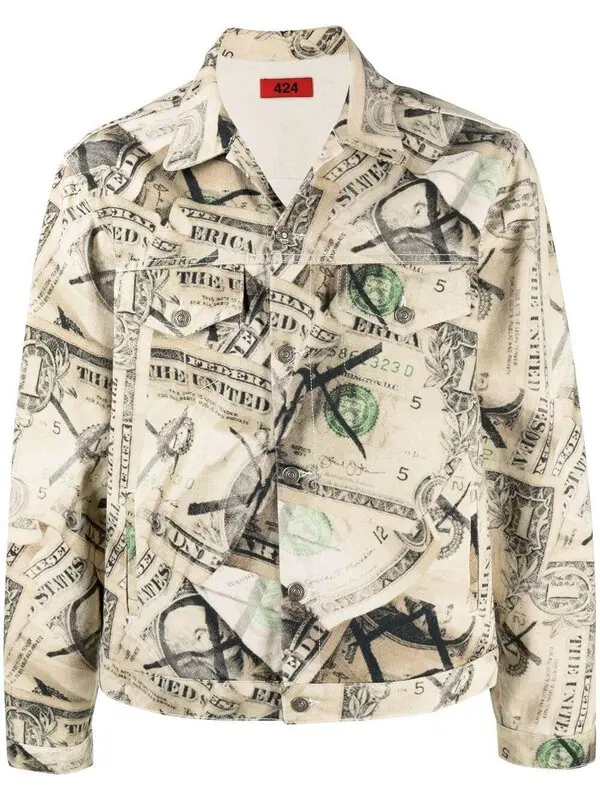 424 Dollar Bill Print Denim Jacket - Neutrals