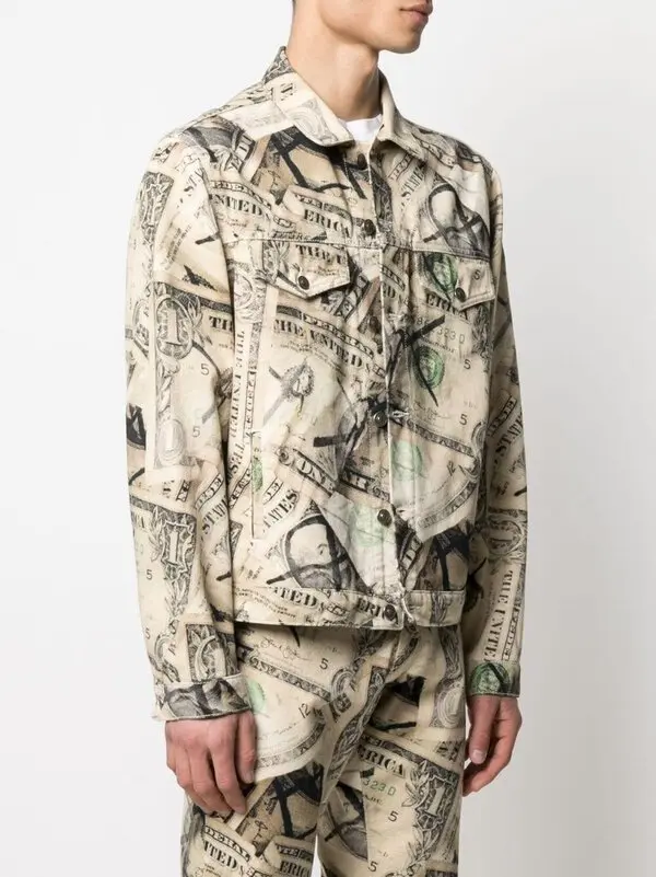 424 Dollar Bill Print Denim Jacket - Neutrals