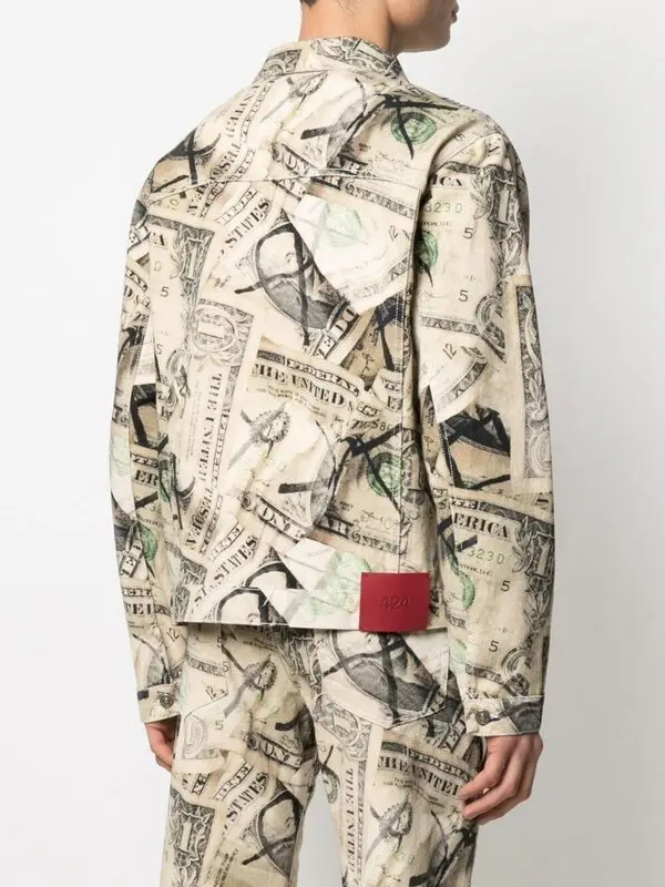 424 Dollar Bill Print Denim Jacket - Neutrals