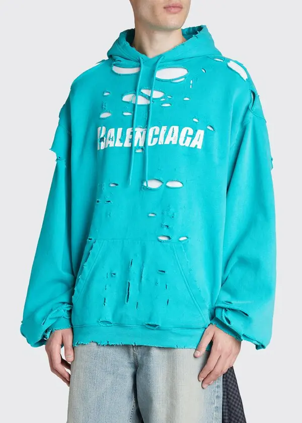 Balenciaga Double-Layer Destroyed Hoodie - Turquoisewhite