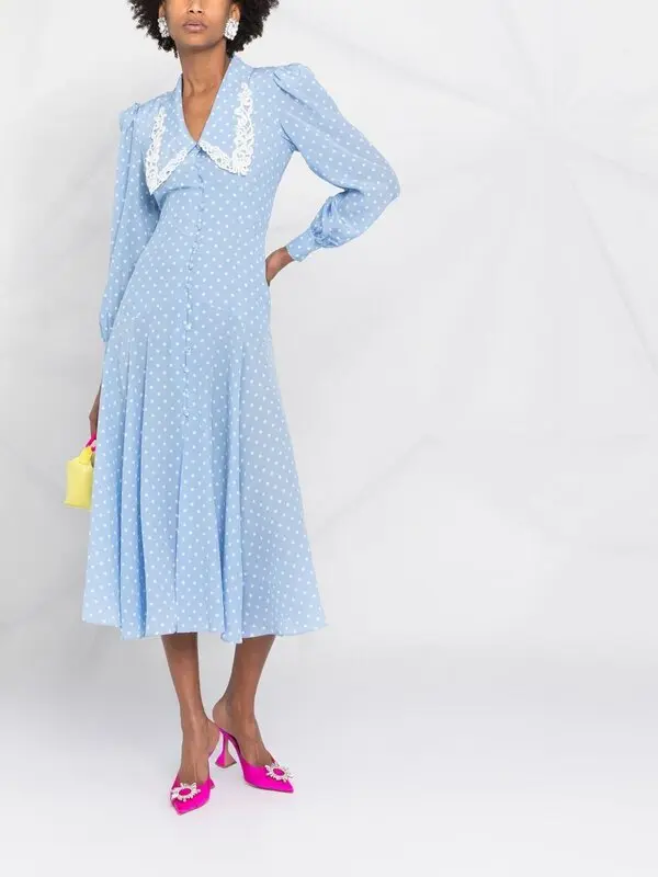 alessandra rich blue polka dot dress Alessandra Rich Long-Sleeve Highneck Polka-Dot Dress – Runway Catalog