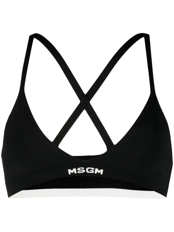 MSGM Ribbed Knit Logo-hem Bra - Black