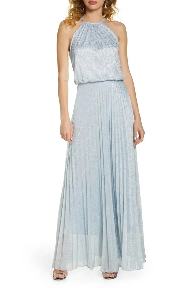 xscape glitter dress Xscape Women's Long Glitter Metallic Off the Shoulder Ruffle Gown, 4 main image 0