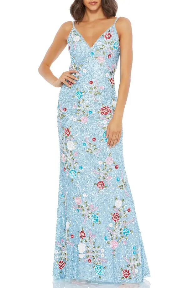 Mac Duggal Floral Sequin Sheath Gown - Powder Blue | Editorialist