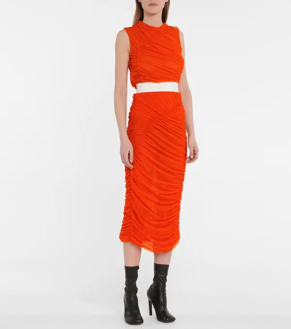 Dries Van Noten Ruched Mesh Midi Skirt - Orange