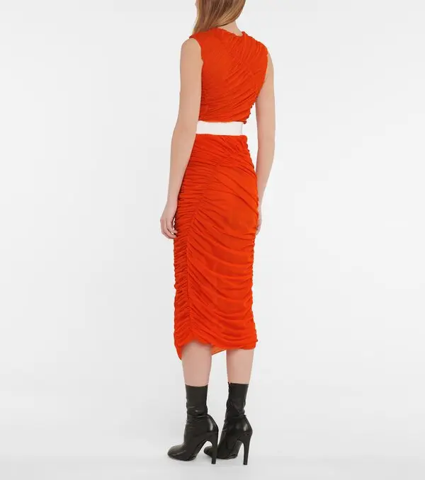 Dries Van Noten Ruched Mesh Midi Skirt - Orange