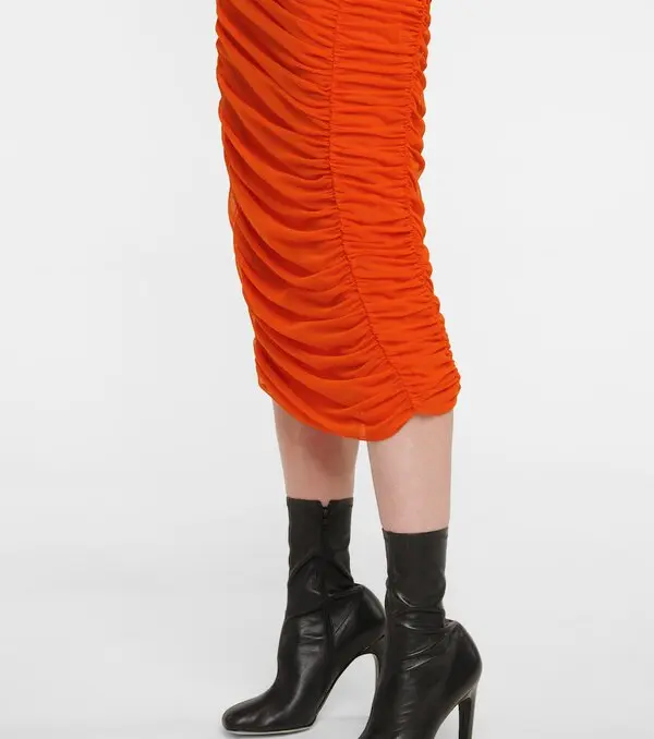 Dries Van Noten Ruched Mesh Midi Skirt - Orange