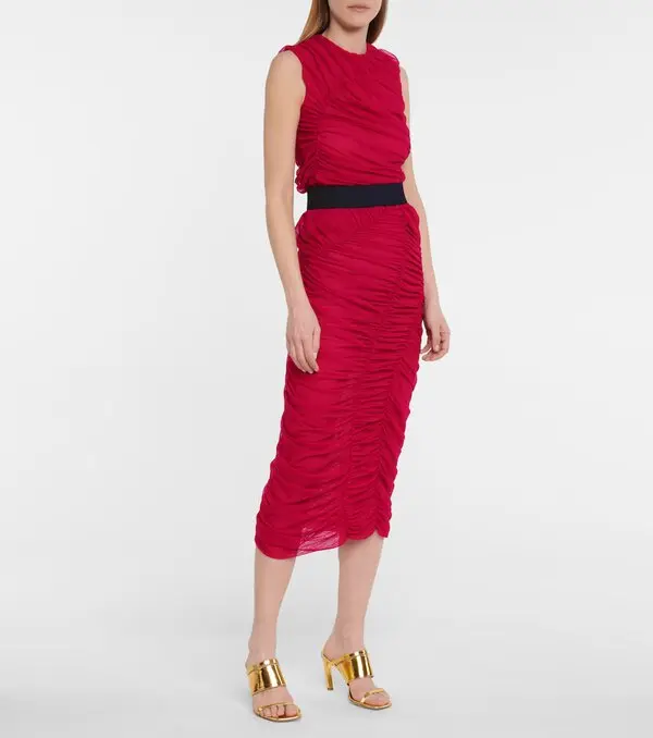 Dries Van Noten Ruched Mesh Midi Skirt - Pink