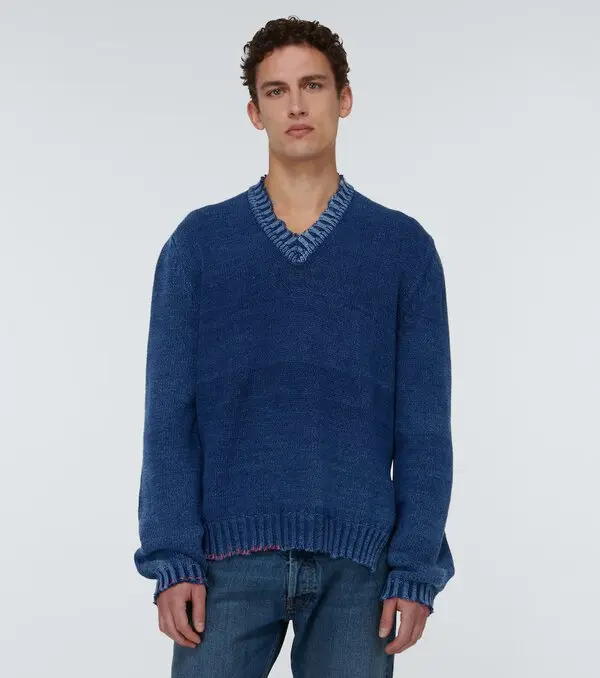 Maison Margiela Ripped V-Neck Sweater In Blue - 30% Off | Editorialist