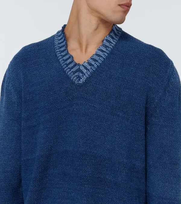 Maison Margiela Ripped V-Neck Sweater In Blue - 30% Off | Editorialist