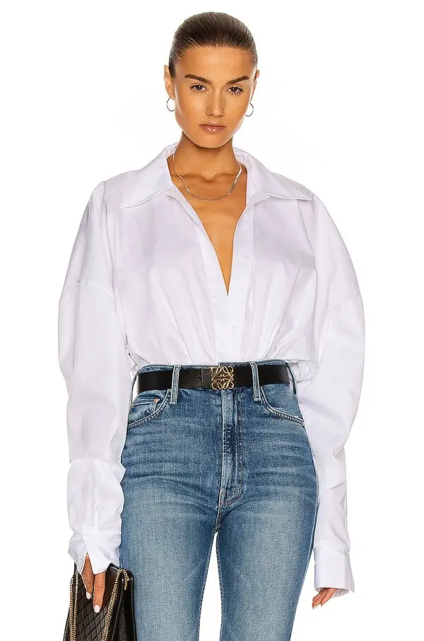 Norma Kamali Oversized Boyfriend Shirt Bodysuit - White