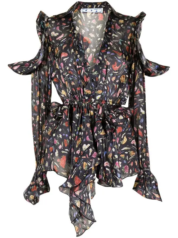 Off-White Floral Print Ruffle Blouse