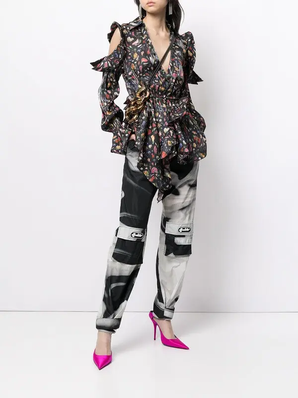 Off-White Floral Print Ruffle Blouse