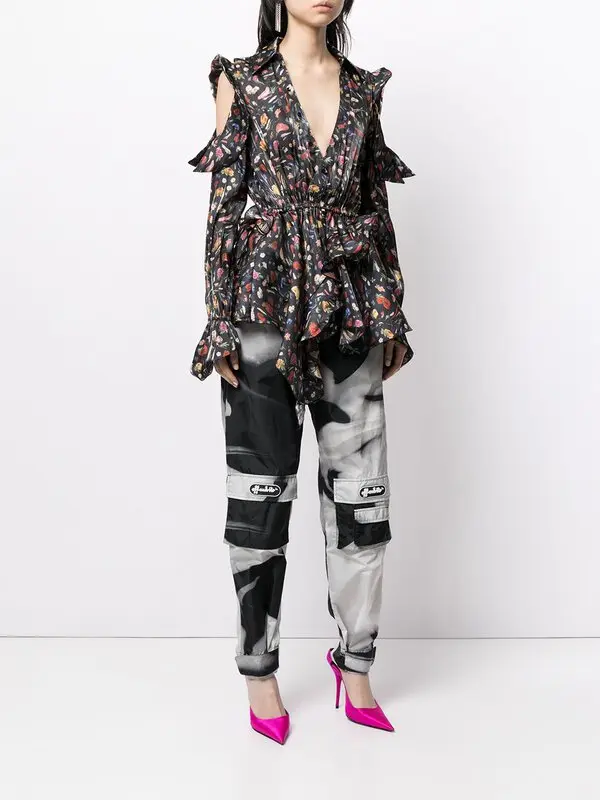 Off-White Floral Print Ruffle Blouse