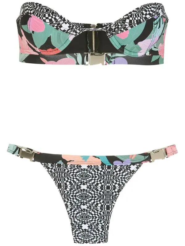 AMIR SLAMA Print Hibiscus Geometric Bikini Set - Black
