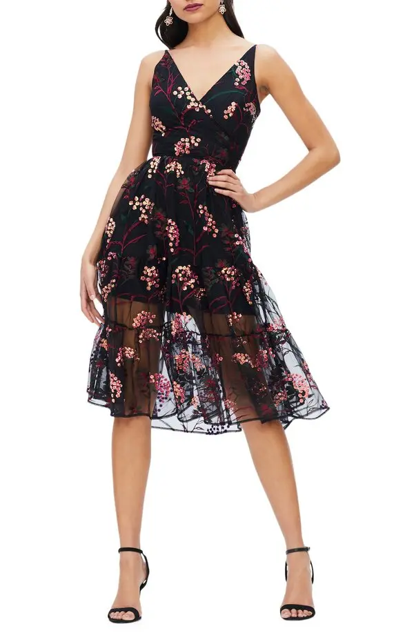Dress The Population Paulette Embroidered Chiffon Midi Dress - Black |  Editorialist
