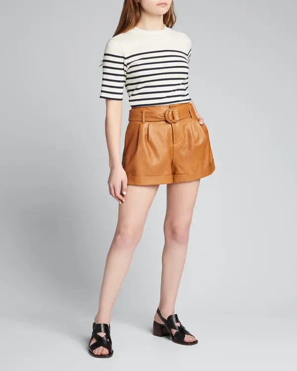 Frame Paperbag Leather Shorts With Belt In Camel 70% Off