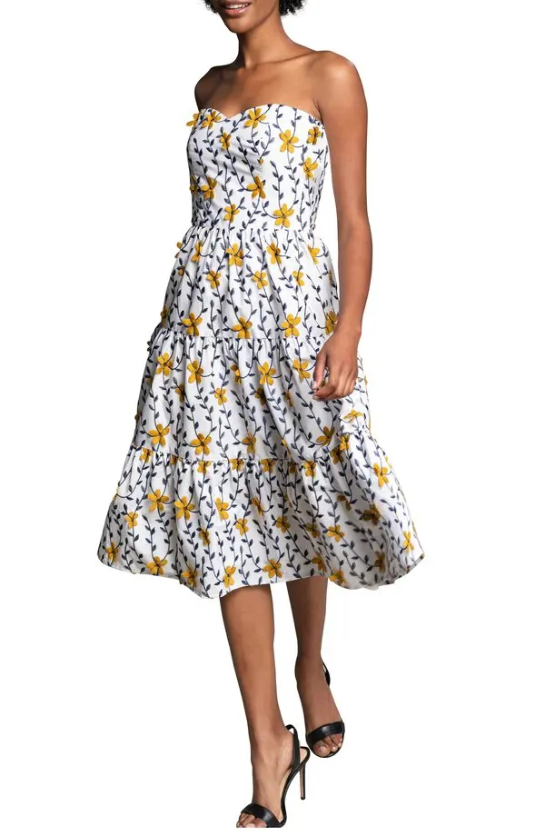 Dress The Population Annie Floral Embroidered Strapless Dress - Ivory |  Editorialist
