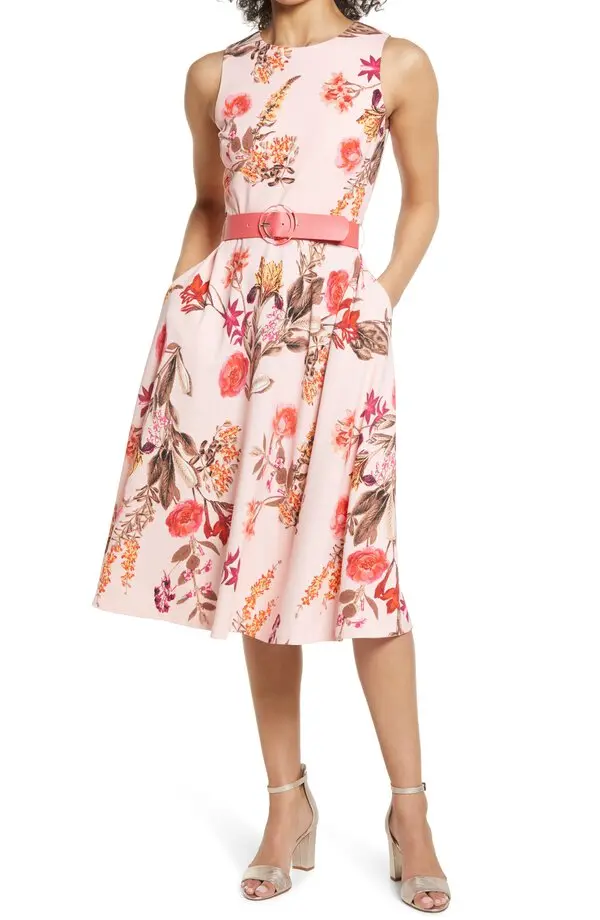 slim fit dress slacks Vince Camuto Floral Mix Print Knot Waist Fit & Flare Midi Dress Size 2 main image 1