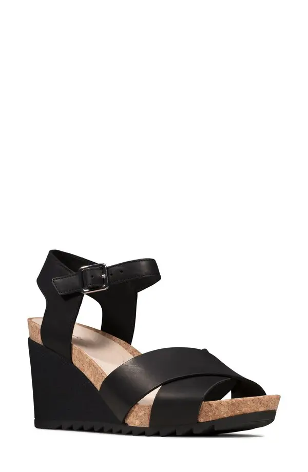 Clarks Flex Sun Wedge Sandal Black Leather Editorialist