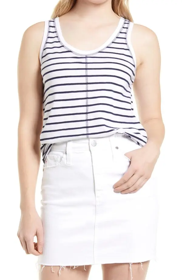 Caslon Seam Front Tank - White- Navy Stripe