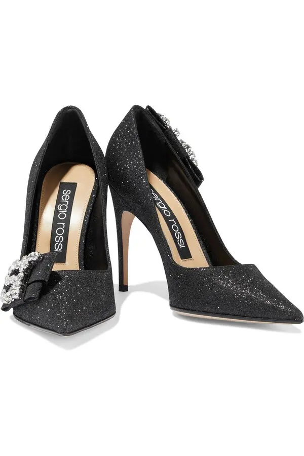 【完売品】sergio rossi SR ICONA 45mm 23.5㎝ Sergio Rossi Sr Icona Bow-Embellished Glittered Crepe Pumps In