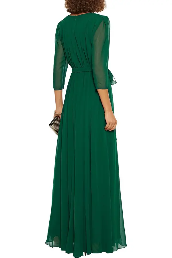 Badgley Mischka Wrap-Effect Ruffled Chiffon Gown In Forest Green - 65% Off  | Editorialist