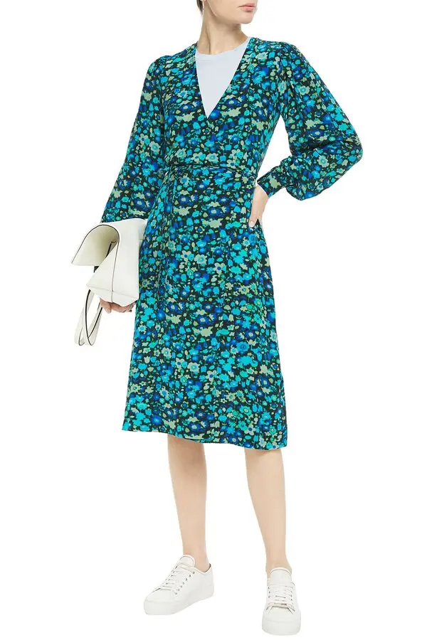 Ganni Floral-Print Crepe De Chine Wrap Dress In Turquoise - 85% Off |  Editorialist