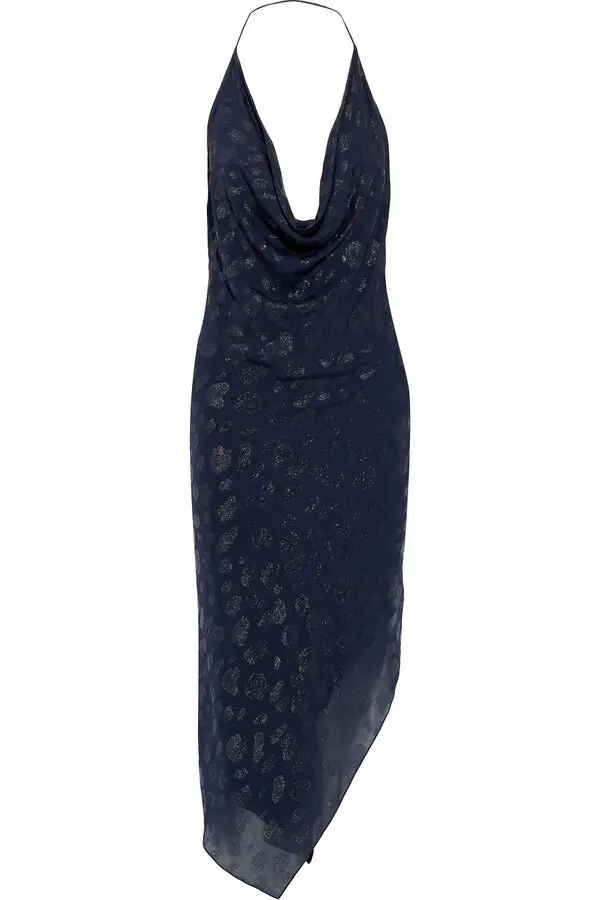 Cushnie Asymmetric Metallic Fil Coup Chiffon Halterneck Dress In Navy -  75% Off | Editorialist