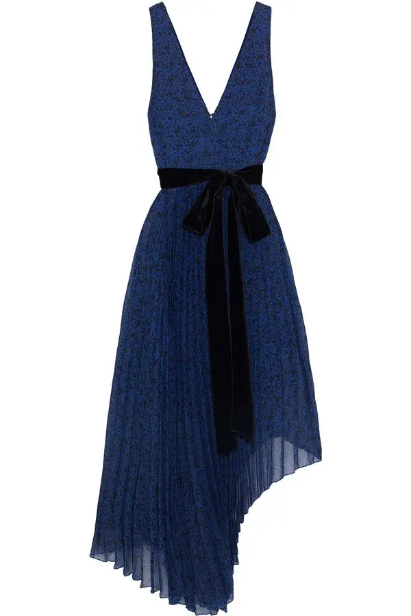 Alice + Olivia Aiden Asymmetric Pleated Floral-Print Georgette Dress In  Azure - 58% Off | Editorialist