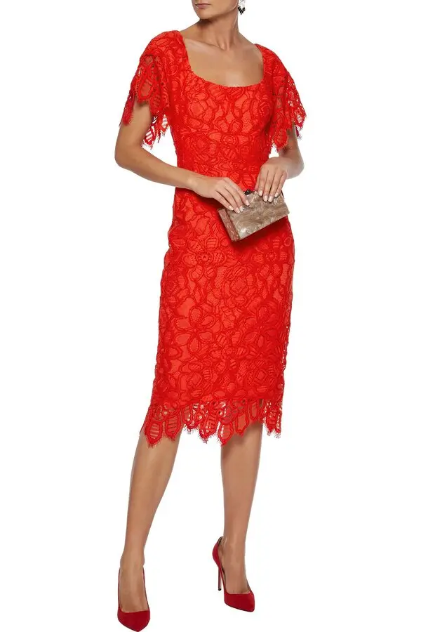 lela rose red lace dress LELA ROSE Ruched Lace Dress