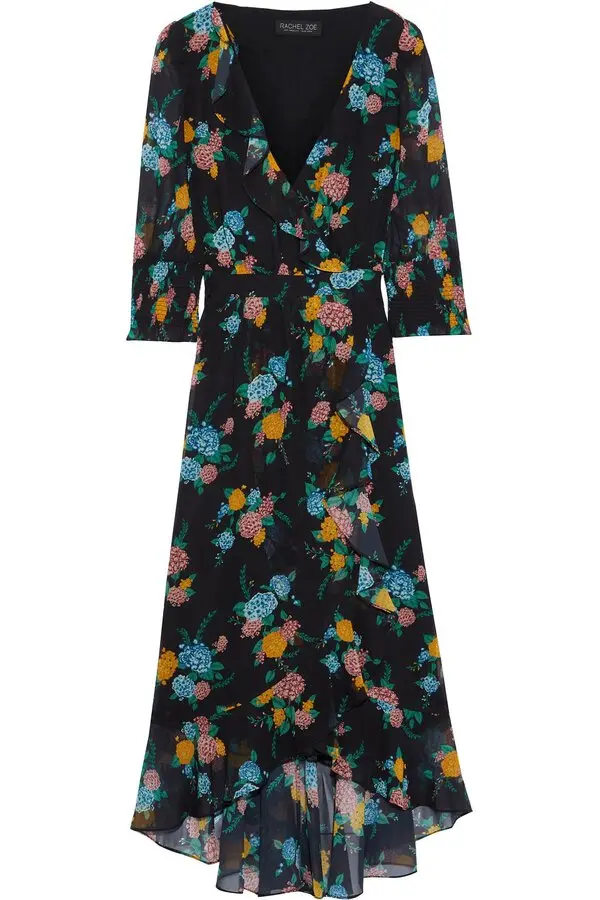 knee length dresses for ladies Rachel Zoe Women's Floral Print Asymmetric Cascading Ruffle Midi Dress (Black, 8) main image 1
