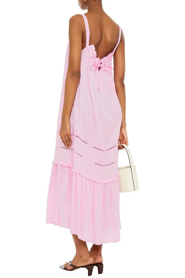 Cecilie Copenhagen Gathered Ruffle-Trimmed Leopard-Jacquard Maxi Dress Size  In Lilac - 70% Off | Editorialist