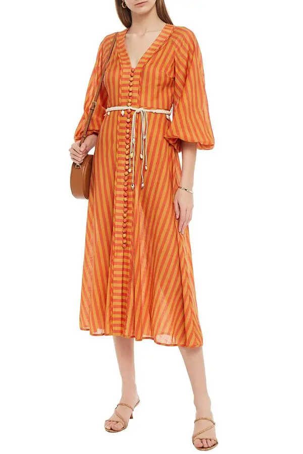 Zimmermann Edie Belted Striped Cotton-Voile Midi Dress Size In Orange - 55%  Off | Editorialist