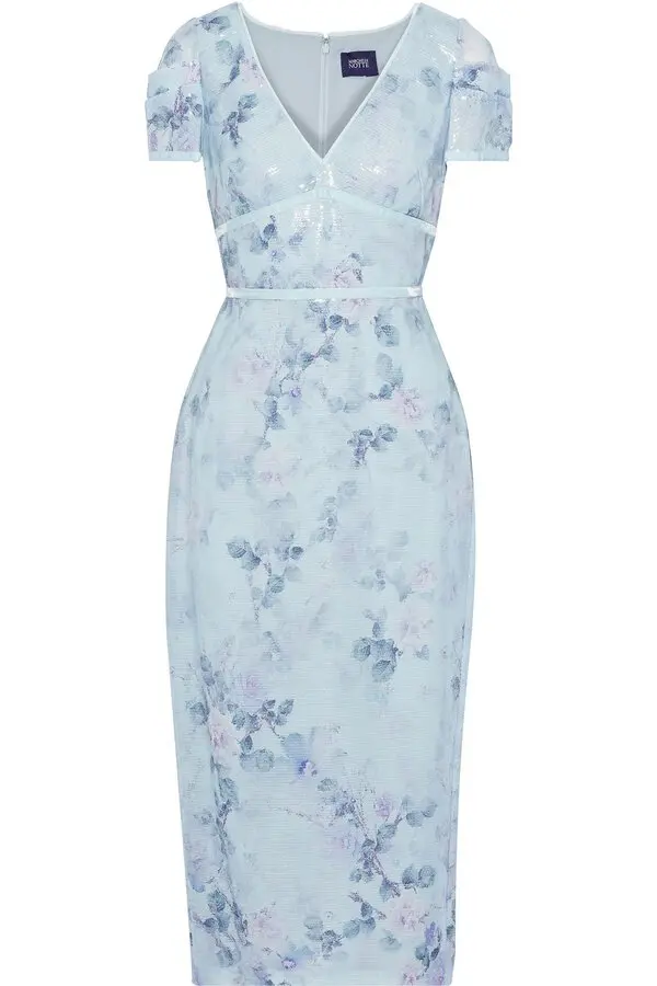 Marchesa Velvet-Trimmed Sequined Floral-Print Chiffon Midi Dress In Sky  Blue - 70% Off | Editorialist