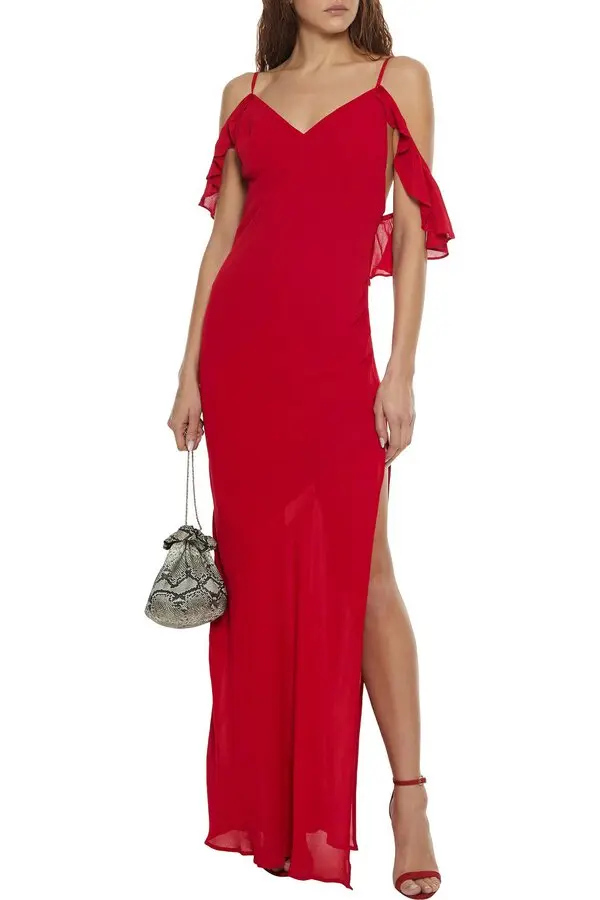 strapless open back dress Red Ruffled Maxi Dress With Back Bow And Slit main image 0
