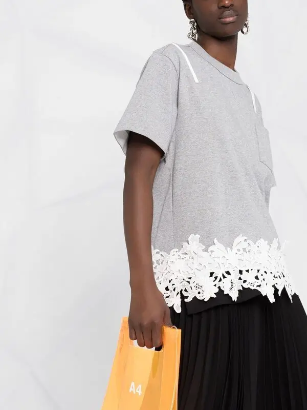 Sacai Lace-Trimmed Cotton T-Shirt - Grey | Editorialist