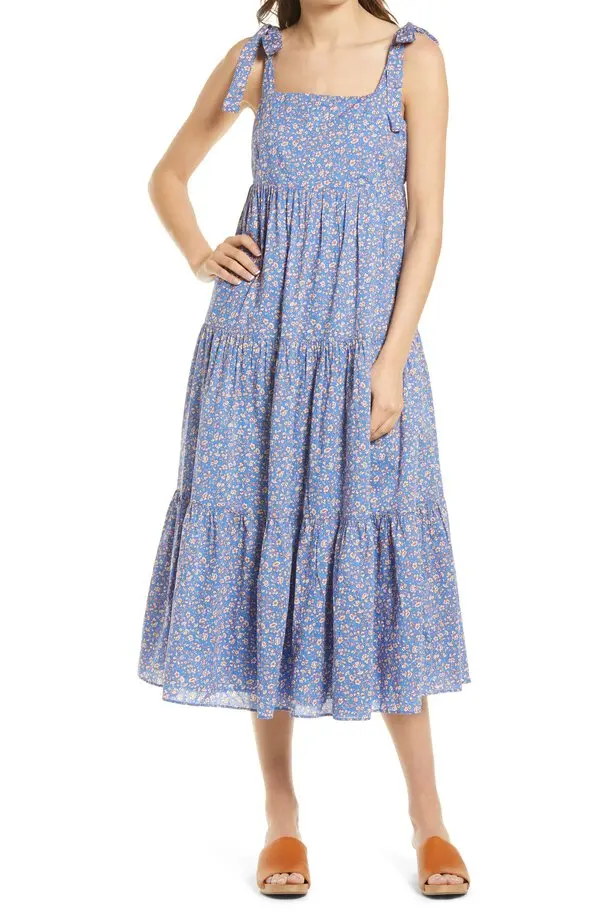 Madewell Tie Strap Tiered Midi Dress - Summer Vines Hermitage Blue |  Editorialist