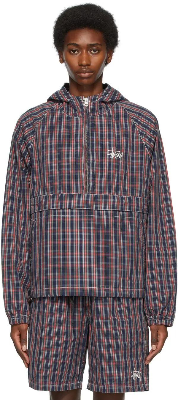 StüSsy Navy Brushed Cotton Anorak Jacket In Plaid - 30% Off