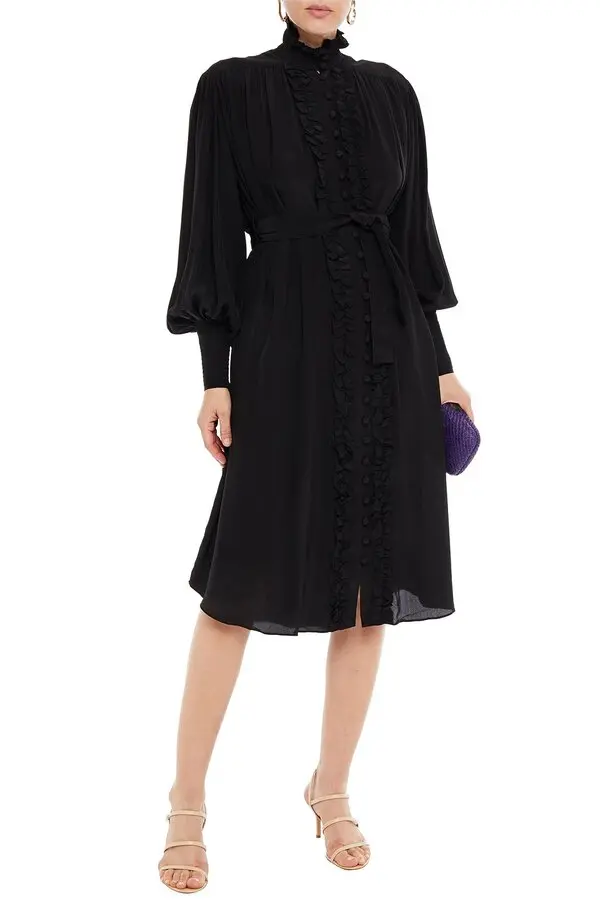Zimmermann Espionage Ruffle-Trimmed Silk Crepe De Chine Midi Dress Size In  Black - 50% Off | Editorialist