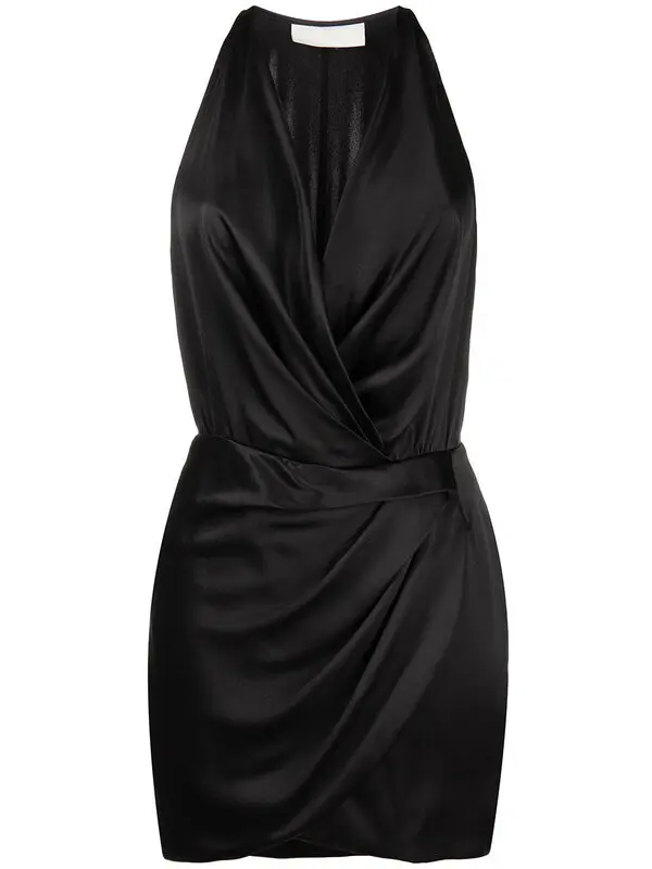draped halterneck satin mini dress in black Alva Lace Trim Mini Dress