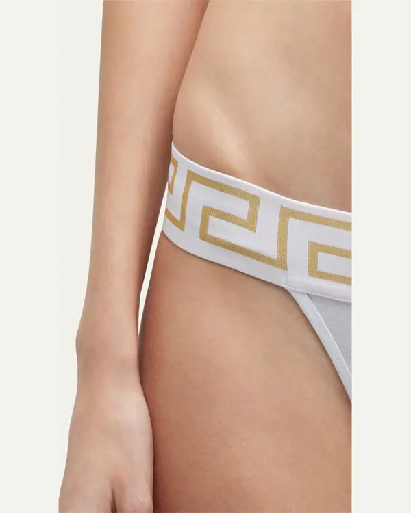 Versace Greca-border Stretch Cotton Thong - Bianco Ottico